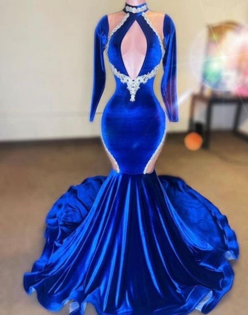 Royal Blue Velvet Prom Dresses Long For Women 2025 High Neck Crystal ...
