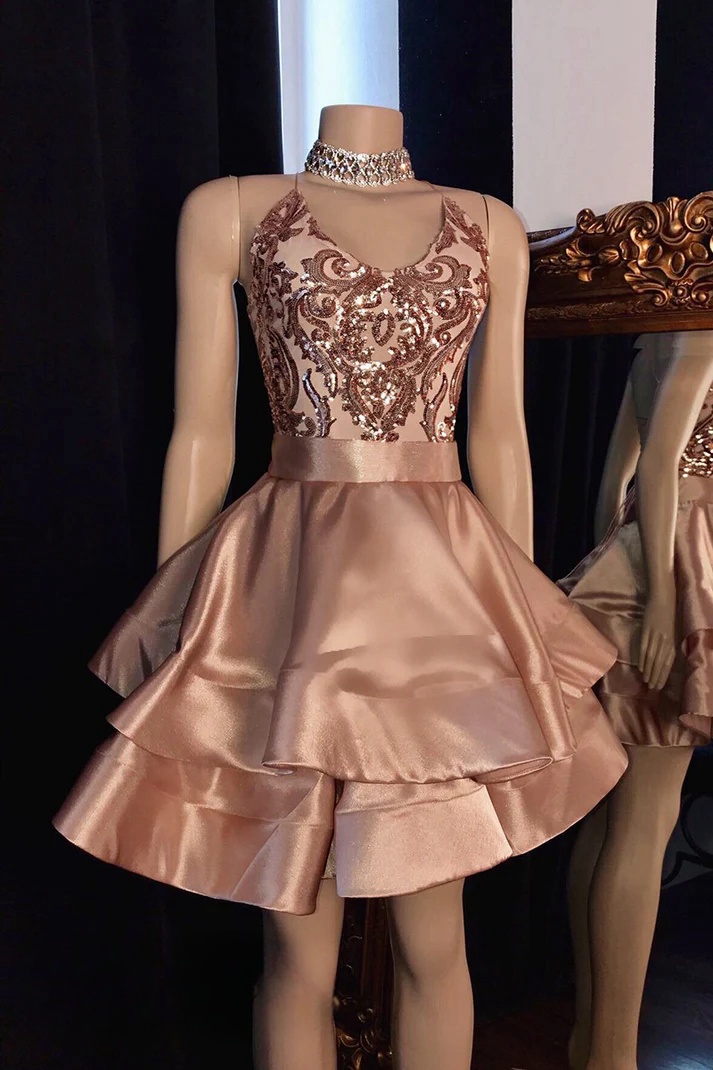 Champagne Sparkly Sequin Homecoming Dresses For Girls 2025 Halter ...