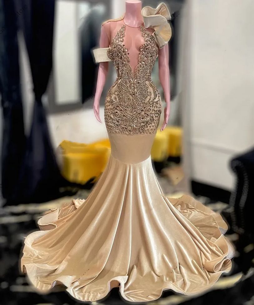 Champagne O Neck Deal Long Prom Dress For Black Girls 2025 Beaded ...