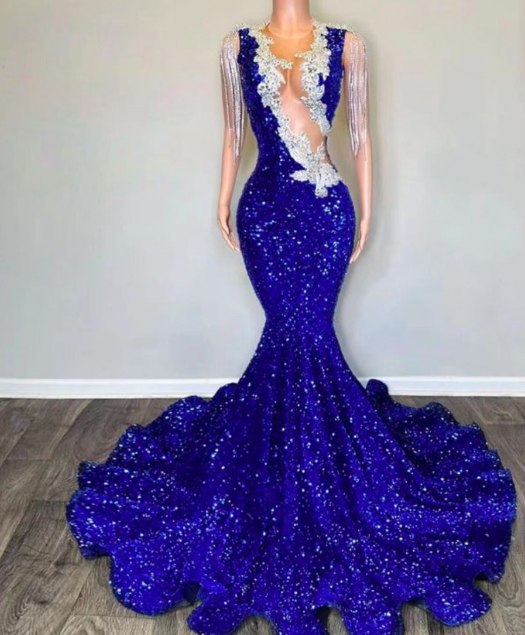 Sparkly Sequin Royal Blue Prom Dresses Long For Women 2025 Lace Appliques Beading Tassel Mermaid ...