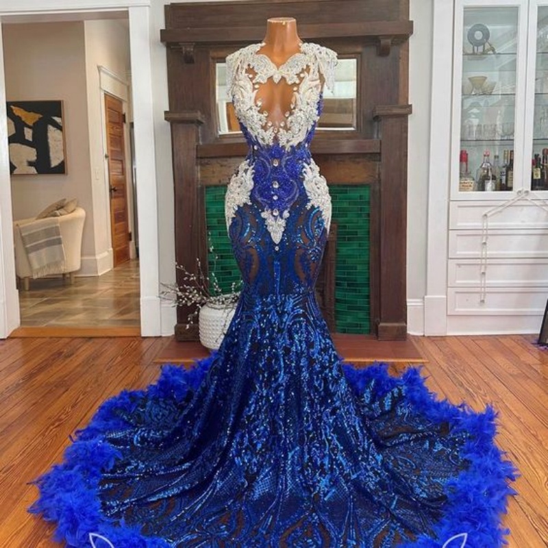 Royal Blue Sparkly Sequin Mermaid Prom Dresses Long For Women 2025 Lace Appliques Tassel Formal ...