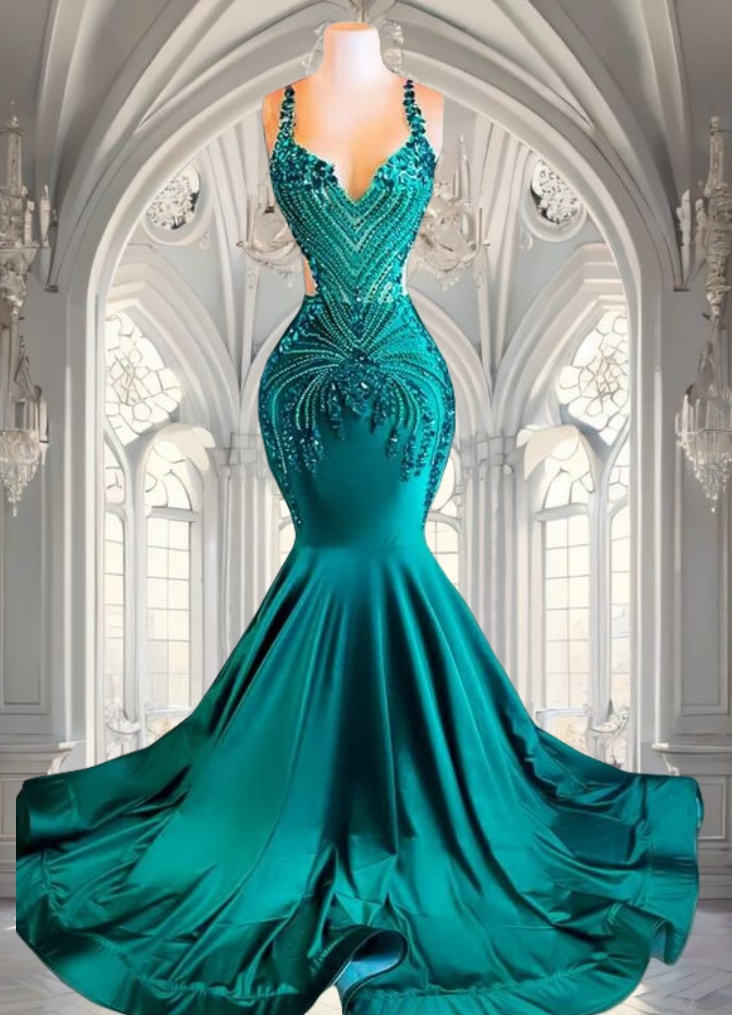 Green Crystal Satin Prom Dresses Long For Women 2025 V Neck Rhinestone ...