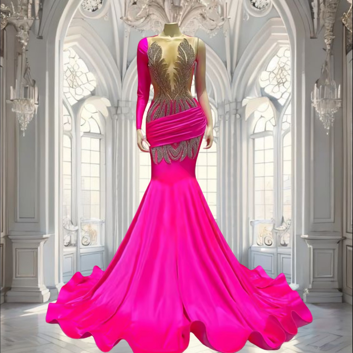 Stunning Fuchsia Pink Mermaid Prom Dresses With Silver Beads One Sleeve ...