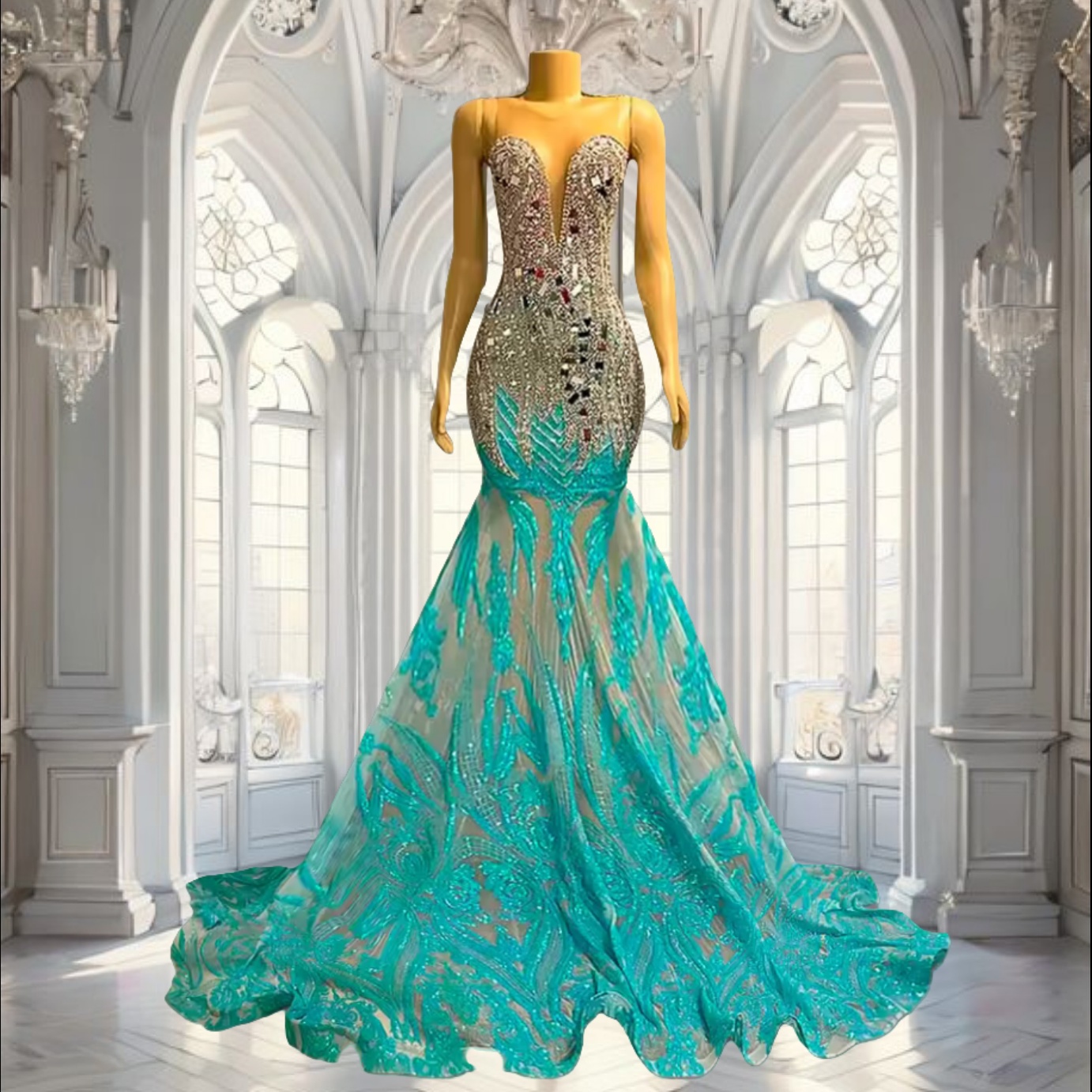 Luxury Cyan Lace Sleeveless Prom Dresses 2025 For Black Girls Mermaid ...