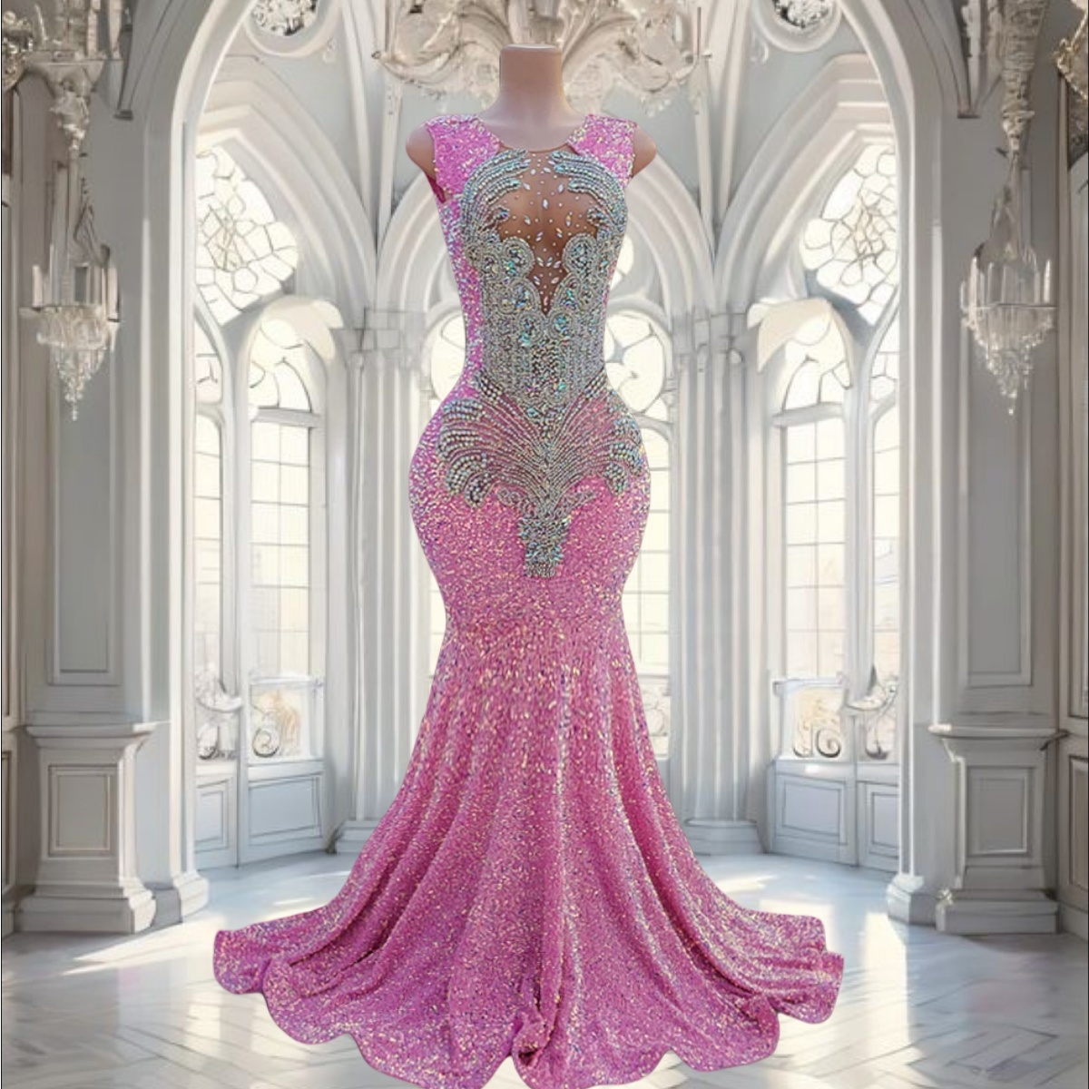 Sweet O Neck Pink Long Sequin Prom Dress Black Girl Sparkly Crystal Rhinestones Luxury Mermaid ...