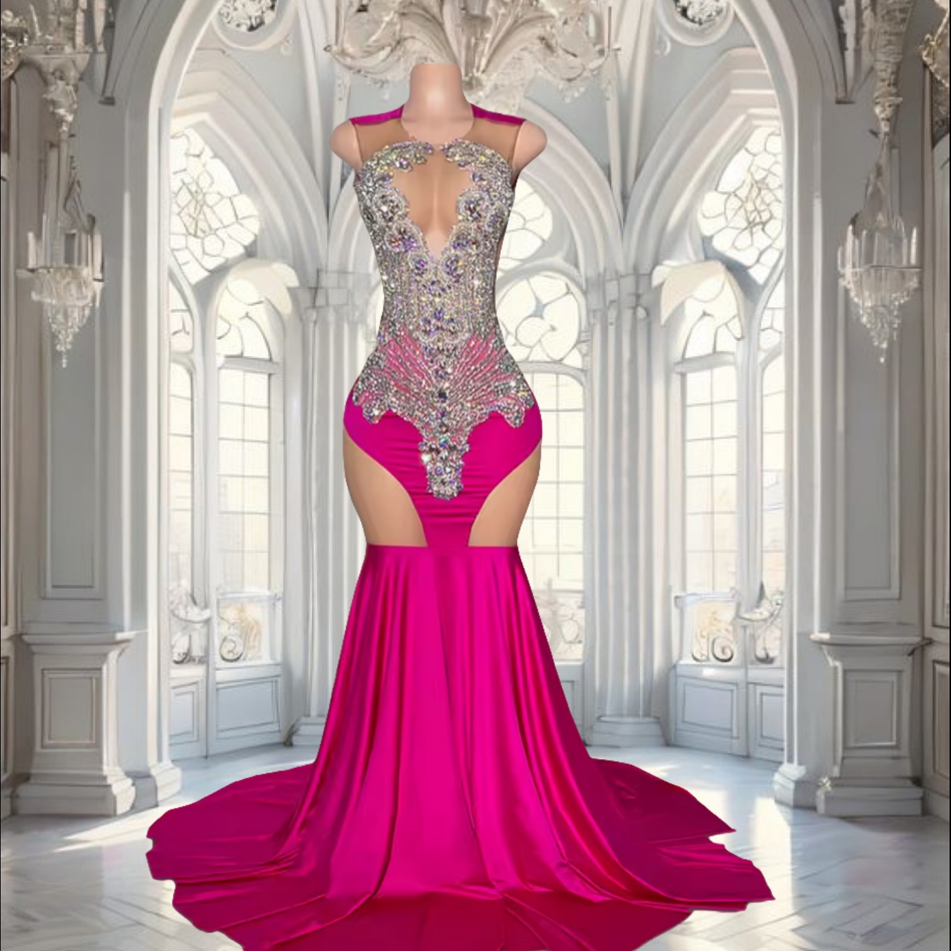 Luxury Rhinestones Deep Pink Mermaid Prom Dresses 2025 Sparkly ...